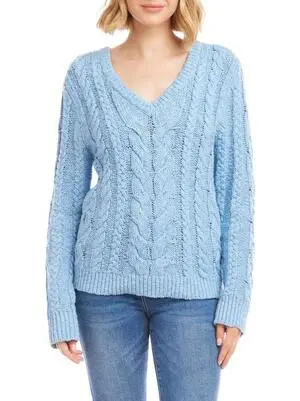 Karen Kane Cable Stitch V-neck Cotton Sweater - Blue