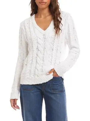 KAREN KANE Cable Stitch V-Neck Cotton Sweater