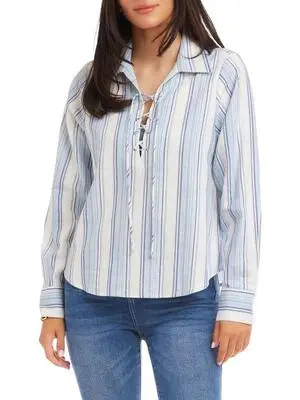 Karen Kane Linen Blend Lace-up Popover Shirt - Stripe