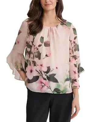 KASPER Floral Print Flutter Sleeve Top - Vanilla Ice Multi