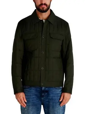 Karl Lagerfeld Quilted Herringbone Shirt Jacket - Olive