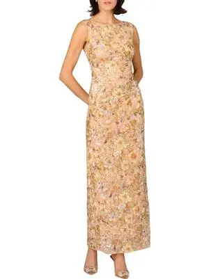 Aidan Mattox Sequin Floral Appliqué Sheath Gown - Champagne Multi