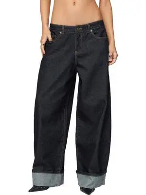 EDIKTED Kella Low Rise Baggy Wide Leg Cuffed Jeans - Indigo-blue-raw-wash