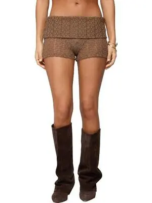EDIKTED Sheer Texture Foldover Shorts - Brown