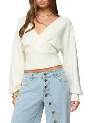 EDIKTED Lillia V-neck Crop Sweater - White