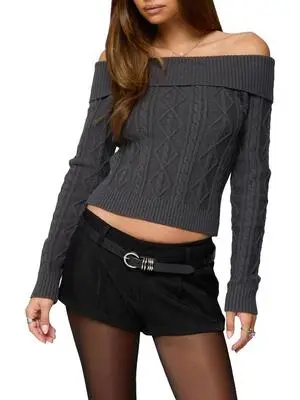 EDIKTED Leta Off-the-shoulder Cable Stitch Sweater - Dark-gray