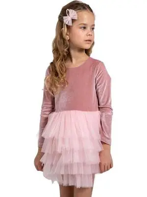 MINI CELEBRITIES Velora Long Sleeve Velvet Tutu Dress - Pink Rose
