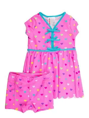 RUFFLEBUTTS Upf 50+ Active Short Sleeve Bow Dress & Bike Short Set - Neon Pink Colorful Hearts