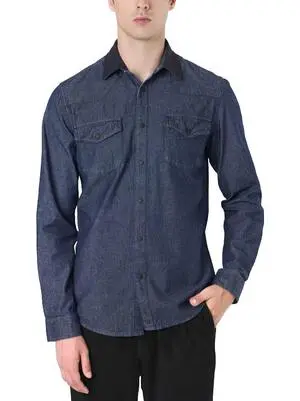 VELEZ Long-sleeve Cotton Overshirt With Denim And Leather - Blue