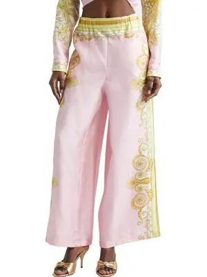 Versace Barocco Print Wide Leg Silk Twill Pants - Pale Yellow Rose Quartz