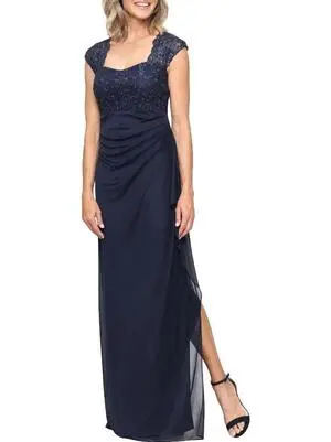 Alex Evenings Sequin And Beaded Empire Waist Gown - Navy