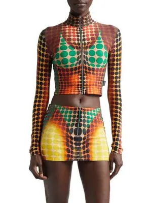 Jean Paul Gaultier Re-edition Polka Dot Trompe L'oeil Mesh Crop Top - Orange/blue/brown