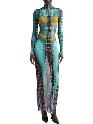 JEAN PAUL GAULTIER Re-edition Polka Dot Trompe L'oeil Mesh Dress - Blue/purple/yellow