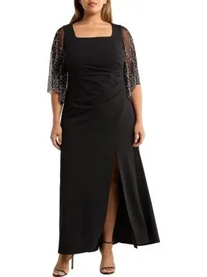 Alex Evenings Beaded Sleeve Stretch Crepe Gown - Black