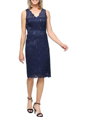 SL FASHIONS Lace Jacket And Sheath Dress Set - Navy