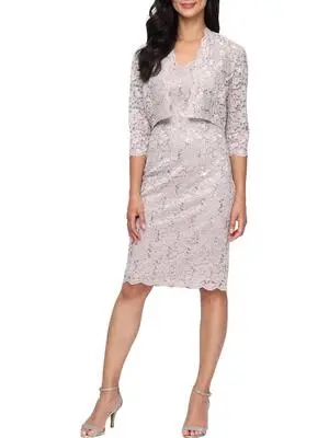 SL FASHIONS Sequin Stretch Lace Sheath Dress With Jacket - Buff