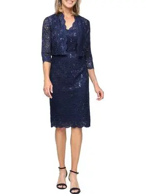 SL FASHIONS Sequin Stretch Lace Sheath Dress With Jacket - Navy