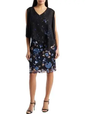 SL FASHIONS Chiffon Capelet Floral Sequin Cocktail Dress - Blue Black