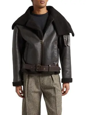 JW Anderson Belted Lambskin & Shearling Aviator Jacket - Chocolate Brown/brown