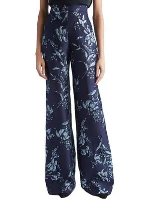 Lela Rose Metallic Floral Brocade Wide Leg Pants - Navy