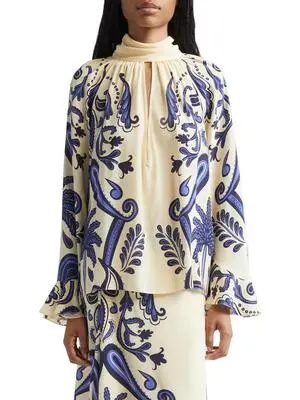 Johanna Ortiz Floral Paisley Silk Crêpe De Chine Top Ecru/navy