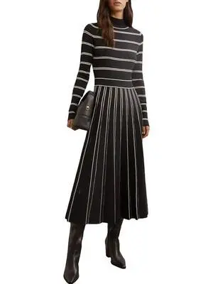 REISS Pleated Stripe Midi Dress