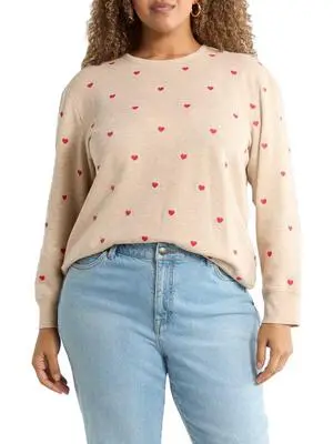 Caslon Embroidered Heart Crewneck Sweatshirt - Tan Doeskin Heather Mini Heart