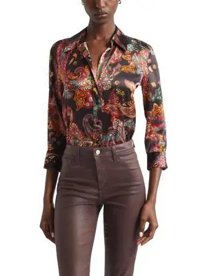L'Agence Dani Paisley Three-quarter Sleeve Silk Button-up Shirt - Black Multi Paisley Scroll