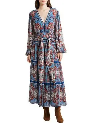 Farm Rio Paisley Scarf Print Long Sleeve Tiered Dress - Paisley Scarf Cream