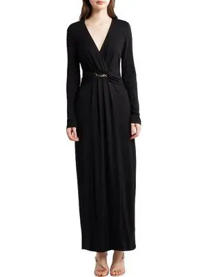 Halogen Wrap Front Long Sleeve Maxi Dress - Rich Black