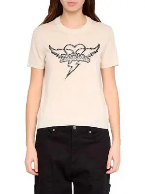Zadig&Voltaire Idal Aero Heart Crystal Embellished Cashmere Sweater - Eggshell