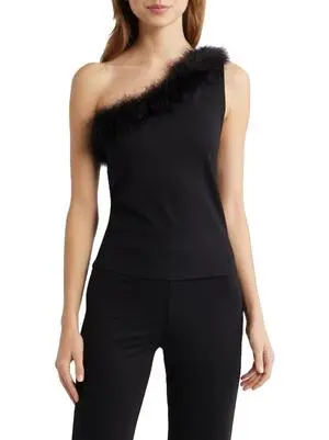 Mango Xplumi Feather-trimmed One-shoulder Top - Black