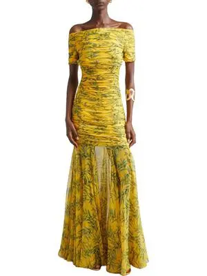 Carolina Herrera Olive Branch Off-the-shoulder Silk Gown - Daffodil/multi