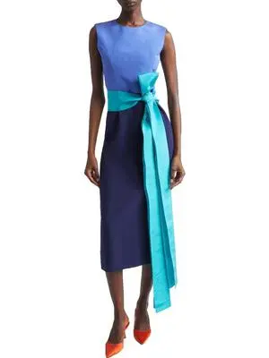 Carolina Herrera Colorblock Stretch Crepe Sheath Dress With Faille Sash - Midnight Multi