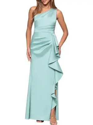 XSCAPE EVENINGS Ruffle Detail One-shoulder Mikado Sheath Gown - Sage