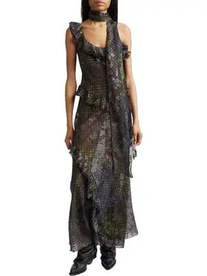 SIEDRES Monica Tiered Ruffle Chiffon Maxi Dress With Detachable Scarf Tie - Black Multi