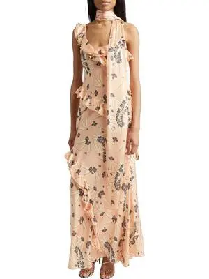 SIEDRES Monica Floral Tiered Ruffle Satin Maxi Dress With Detachable Scarf Tie - Coral