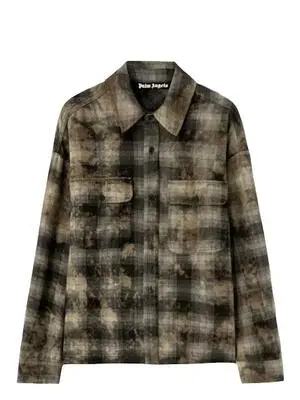Palm Angels Curved Logo Check Long Sleeve Shirt - Green/grey/brown