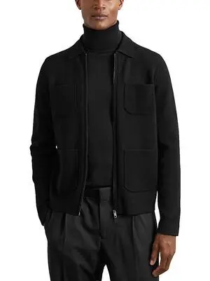 REISS Long Sleeve Ribbed Zip-up Cardigan - Black