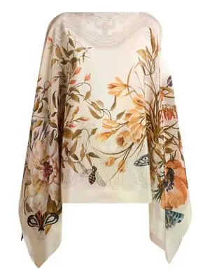 Etro Floral Print Silk Poncho Top - Neutrals