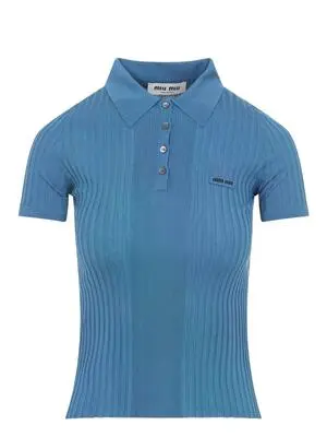 Miu Miu Ribbed Knit Polo Top - Blue