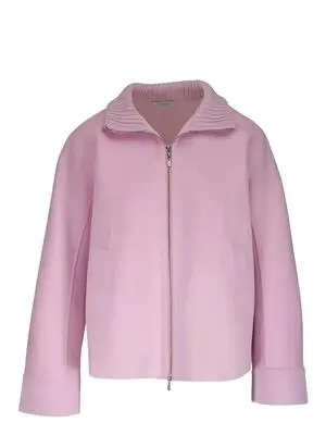 Kinross Cashmere Ribbed Collar Zip Jacket - Pink
