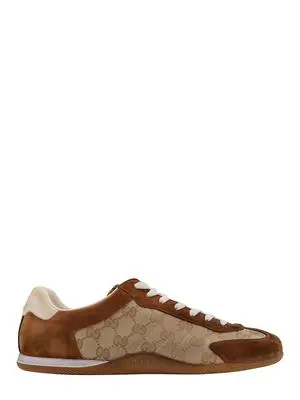 Gucci Shift Suede Sneakers With Gg Supreme Fabric Inserts - Brown