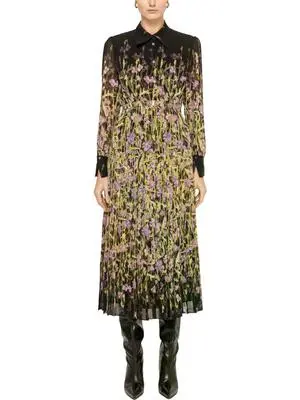NISSA Printed Pleated Midi Dress - Black