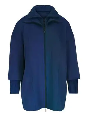 Kinross Cashmere Ribbed Zip Coat - Blue