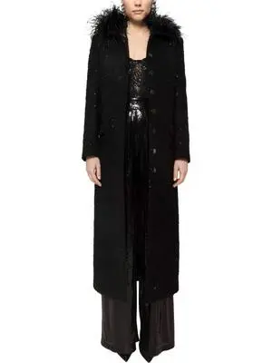 NISSA Feather-trimmed Bouclé Coat - Black