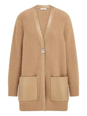 FERRAGAMO Longline Virgin Wool Cardigan With Leather Details - Beige