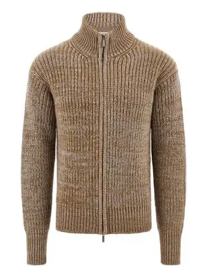 FERRAGAMO High Neck English Rib Knit Cardigan - Beige