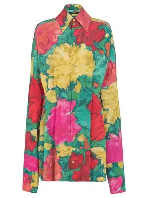 Balmain Crepe Shirt Dress With Roses Print - Multicolor