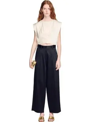 Sandro Satin-effect Wide-leg Trousers - Black